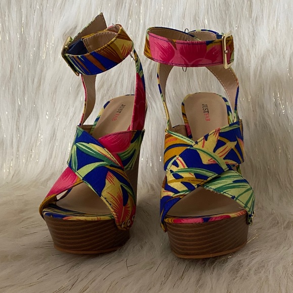JustFab | Shoes | New Beautiful Marcy Floral Wedge Heels Justfab New ...